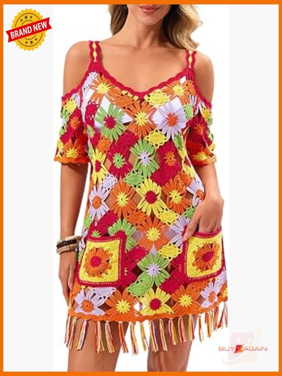 Swim | Crochet Beach Cover Up Dress With Pockets Cold Shoulder Daisy ...